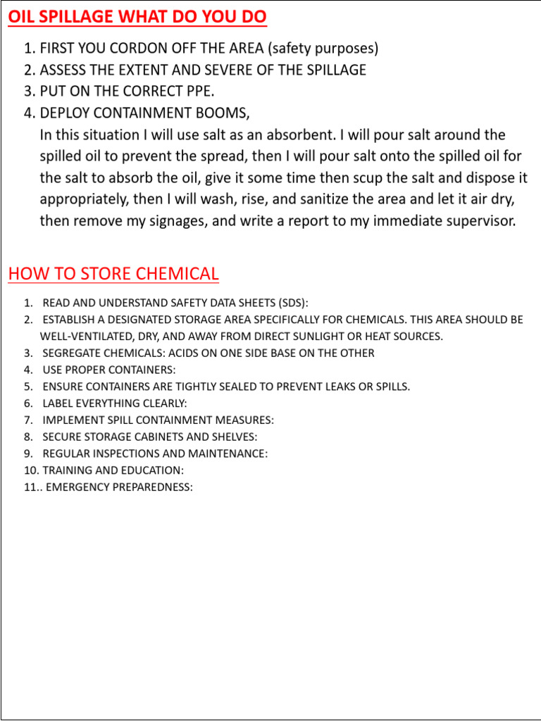 Oil Spilage and Store Chemicals | PDF