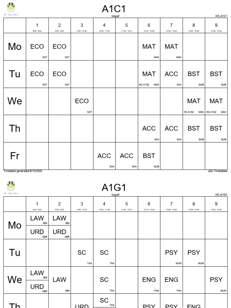 2024 Weekly Class Timetable Overview | PDF