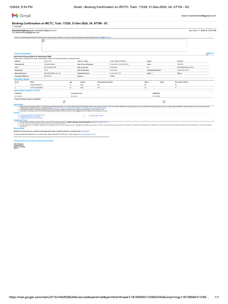 IRCTC Train Booking Confirmation Email | PDF | Service Industries