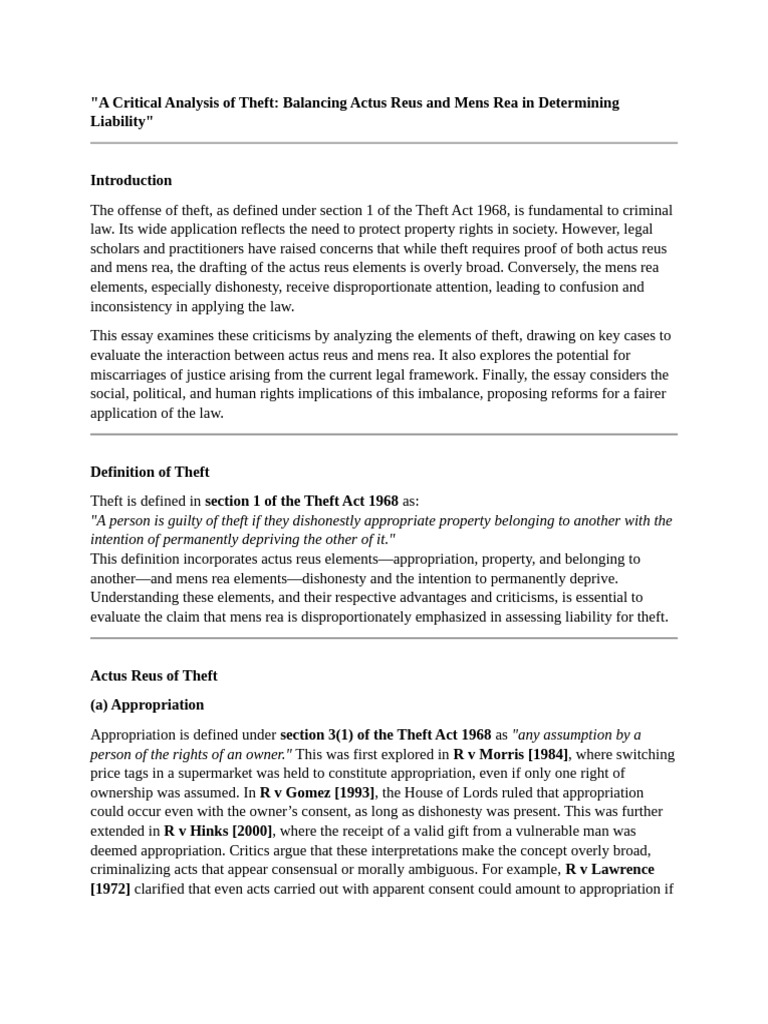 Theft Law: Actus Reus vs. Mens Rea Analysis | PDF | Theft | Mens Rea