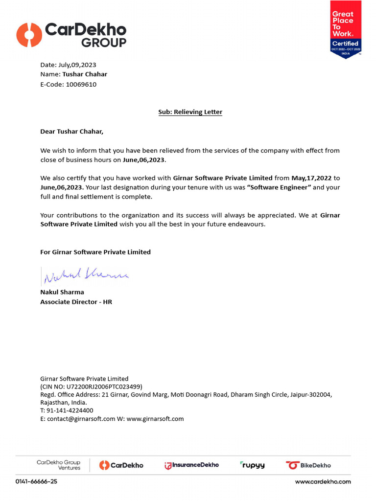 Relieving Letter | PDF