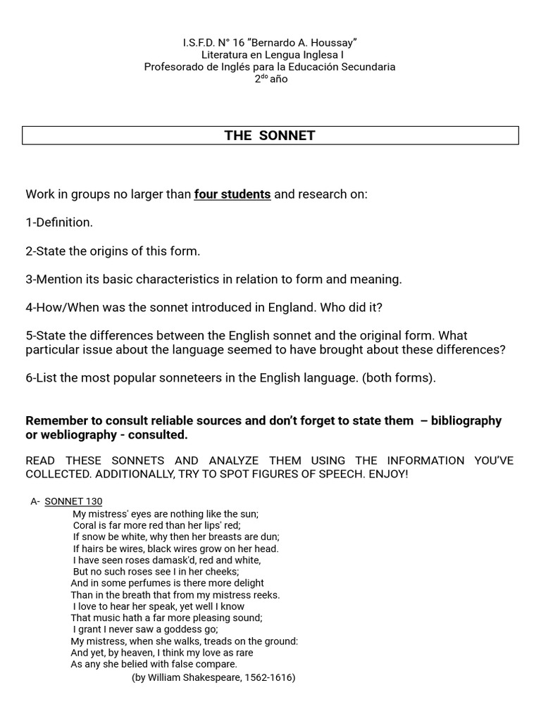 The Sonnet - Group Assignment1 | PDF | Literary Criticism | Stanzaic Form
