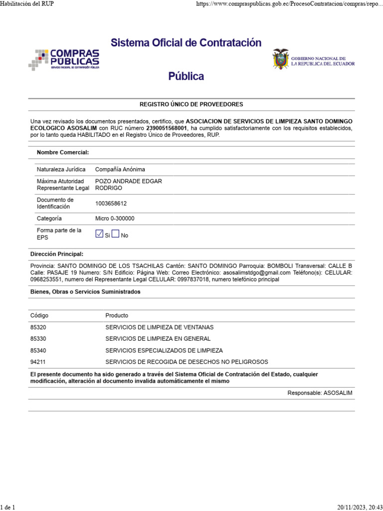 Habilitación de ASOSALIM en el RUP | PDF