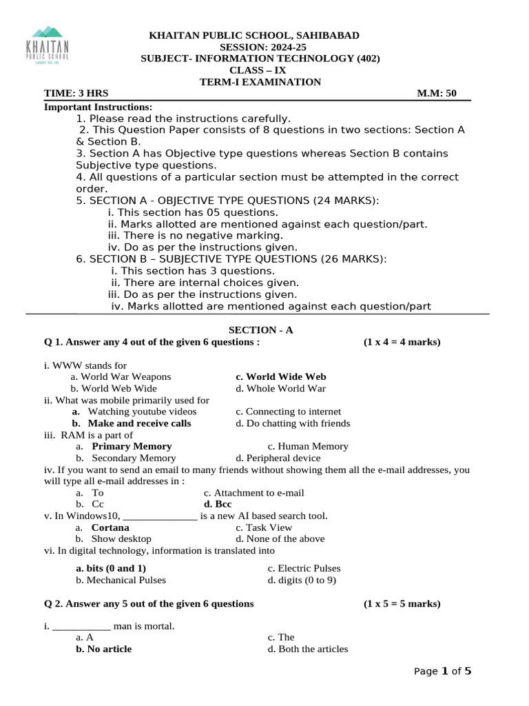 Class IX Term 1 QP (2024-25) - Answer Key | PDF | Spreadsheet | Communication