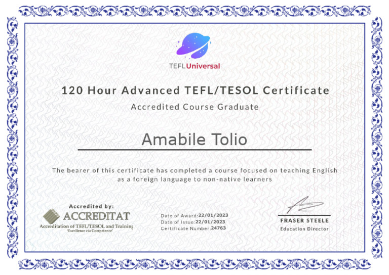 120 Hour TEFL Certificate Amabile Tolio | PDF