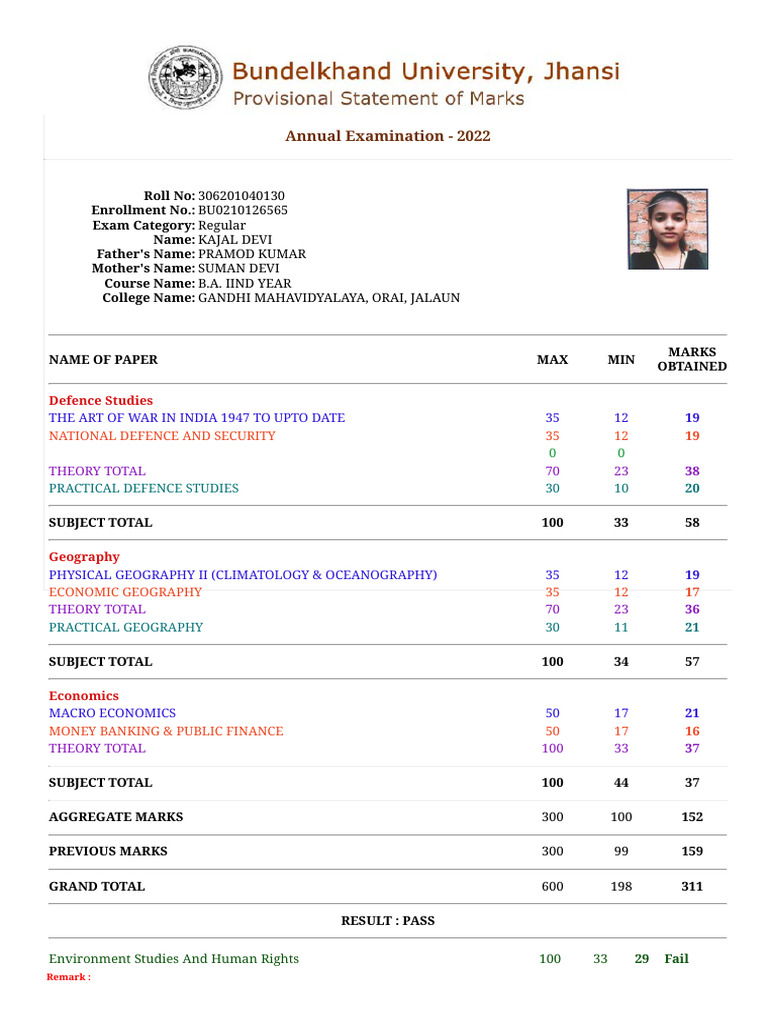 kajal marksheet | PDF | Science | Earth Sciences