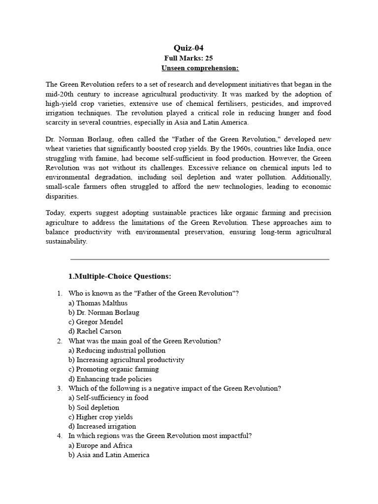 Quiz-04 | PDF | Green Revolution | Agriculture