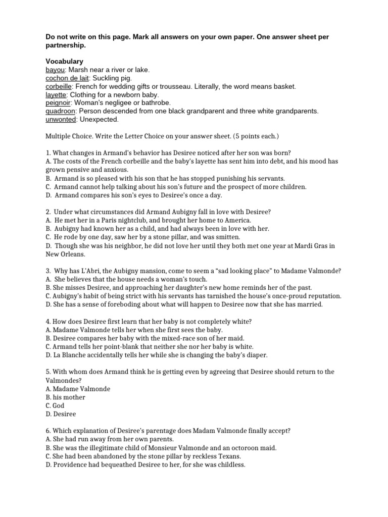 Desirees Baby Quiz | PDF | Argument