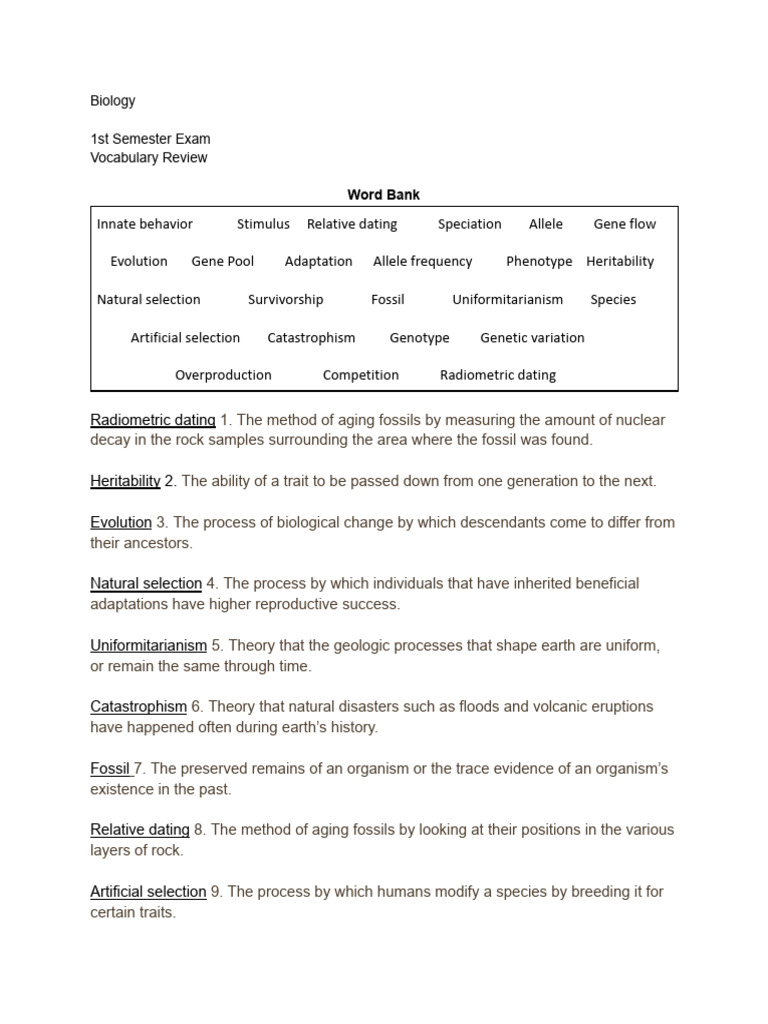 Biology 1st Semester Exam Vocabulary Review | PDF | Natural Selection ...