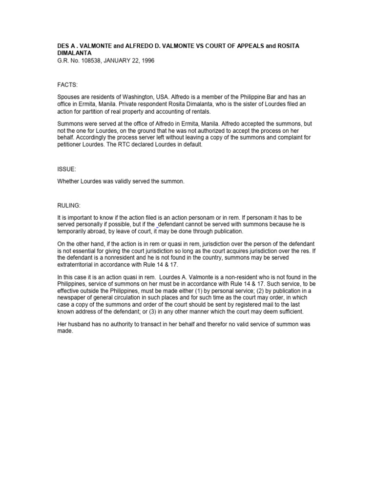 DES A - VALMONTE and ALFREDO D. VALMONTE VS COURT OF APPEALS and ROSITA ...