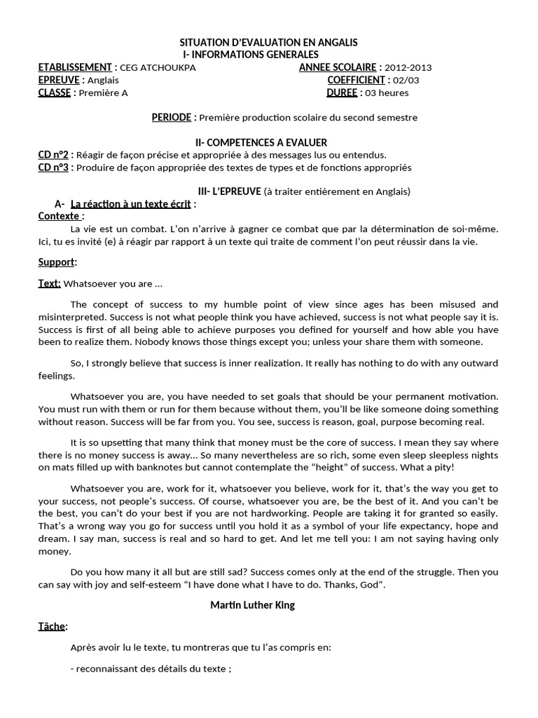 1er devoir 1ère A 2nd semestre 2012-2013 | PDF