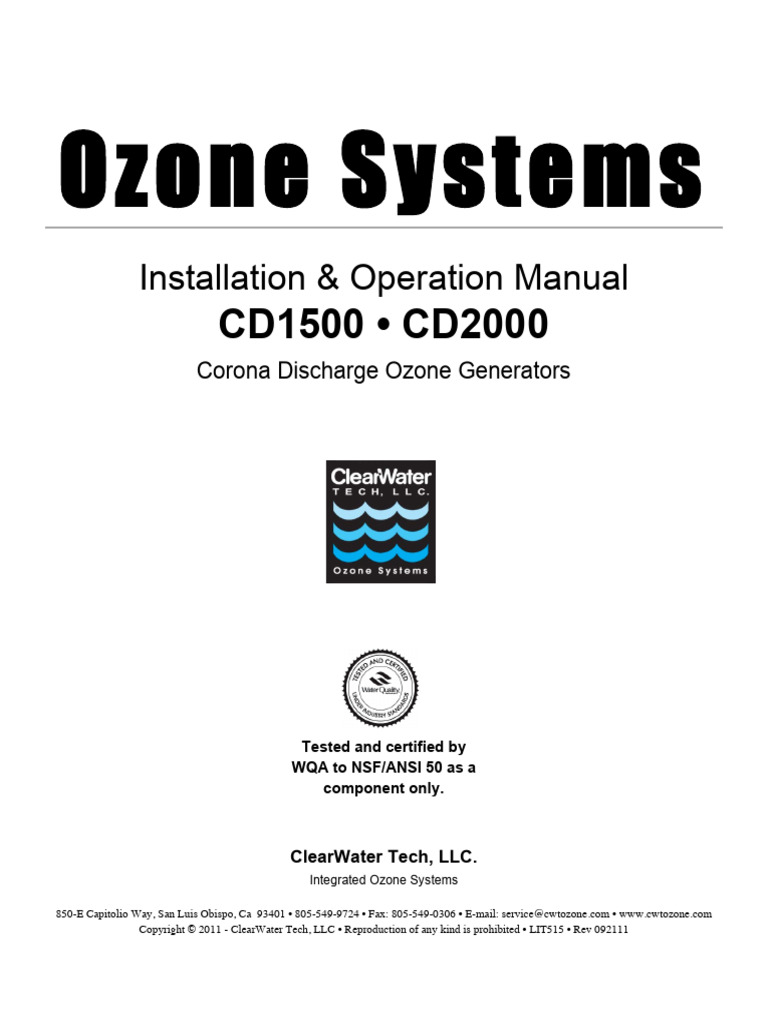 LIT515 CD1500 CD2000 Manual - 092111 | PDF | Ozone | Switch