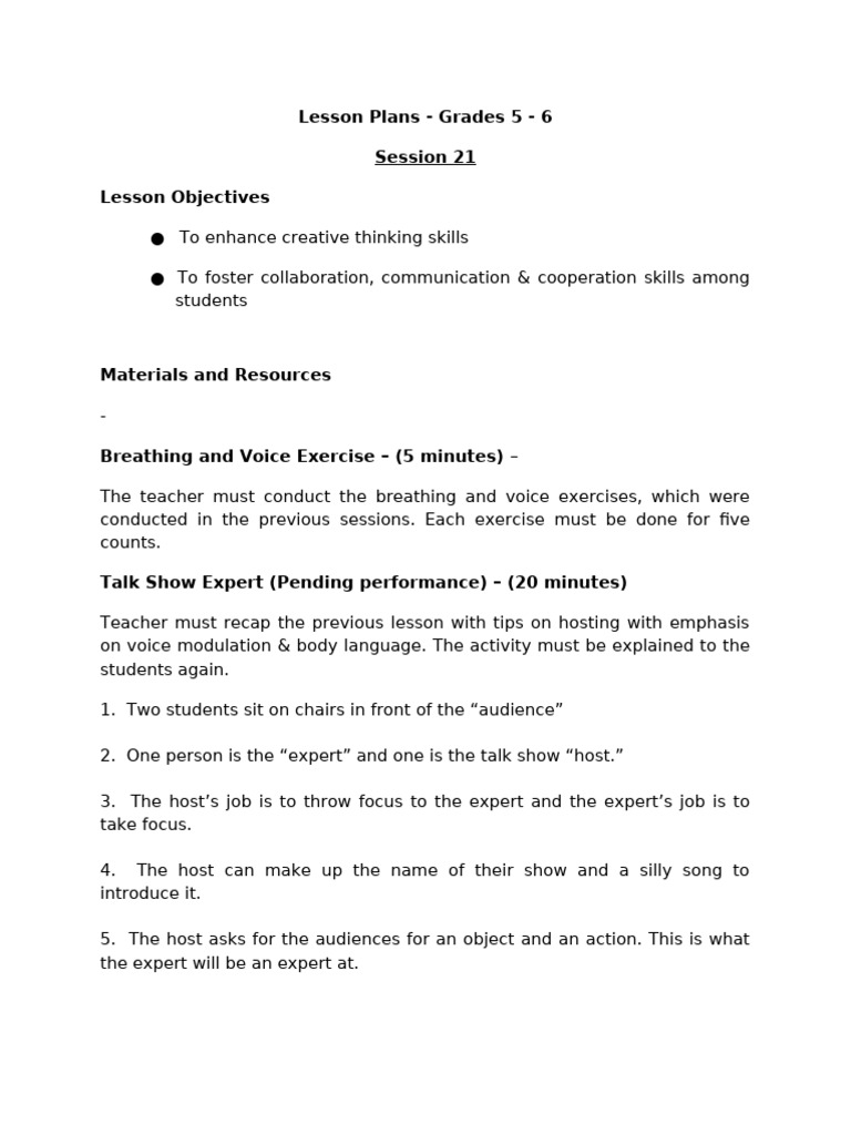 Lesson Plan 21 - Grades 5 - 6 | PDF | Teachers | Learning