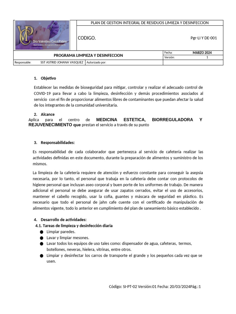 Protocolo Limpieza y Desinfeccion | PDF | Lavado de manos | Alimentos