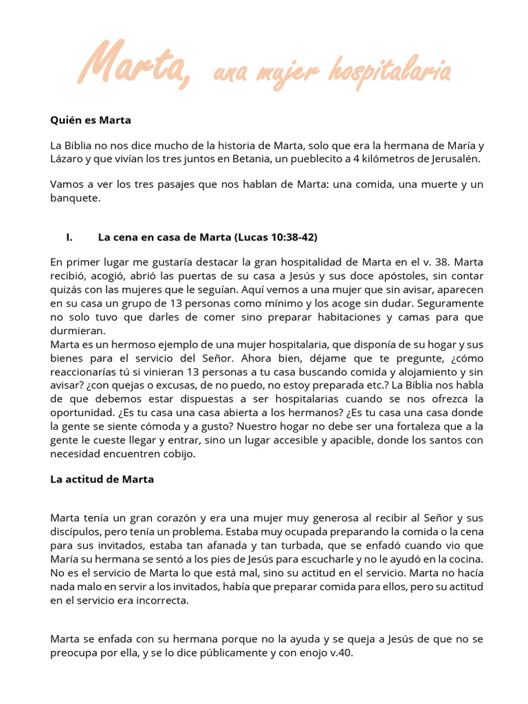 La hospitalidad y fe de Marta en la Biblia | PDF | Jesús | Contenido ...