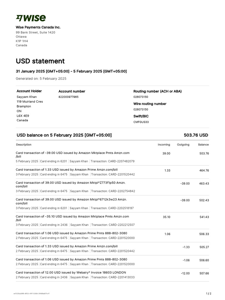 Wise Payments USD Statement Summary | PDF | Money | Banking Technology