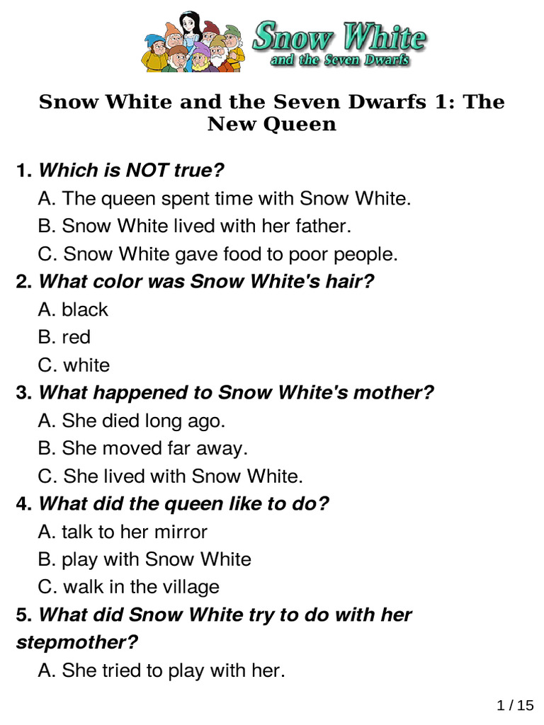 03.snow White and The Seven Dwarfs-Quiz | PDF | Snow White | Folklore