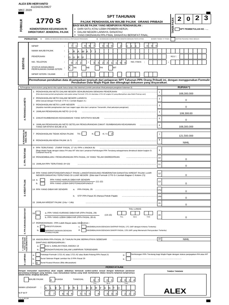 Formulir Excel SPT Tahunan PPH Orang Pribadi - 1770 S | PDF