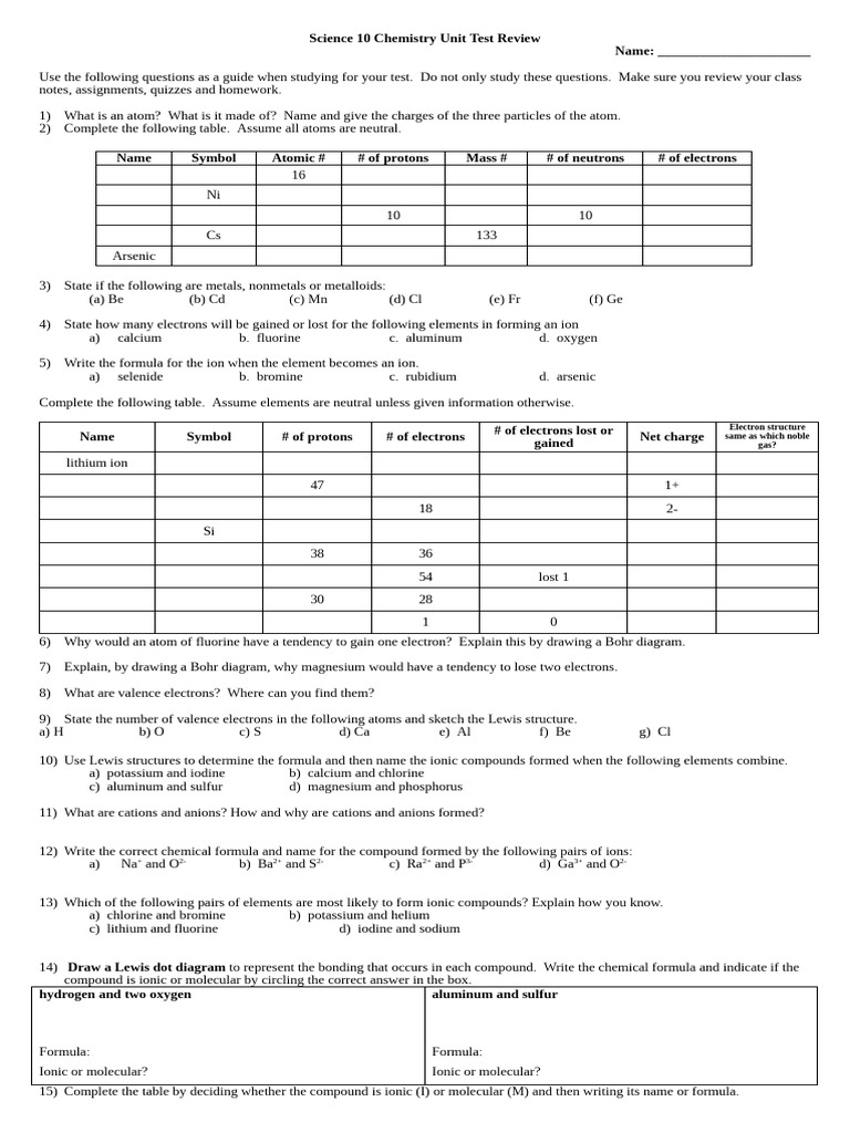 Chemistry Test Review | PDF