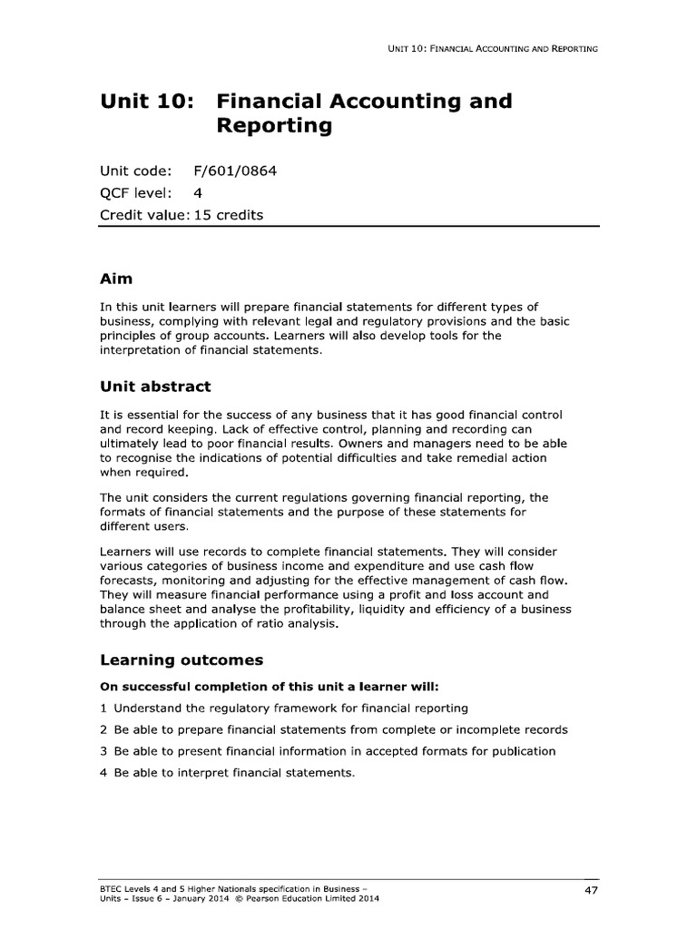 BTEC - HNC - L4 - Bus - Units - Financial & Accounting - Syllabus | PDF
