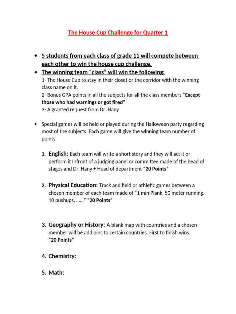 The House Cup Challenge For Quarter 1 | PDF