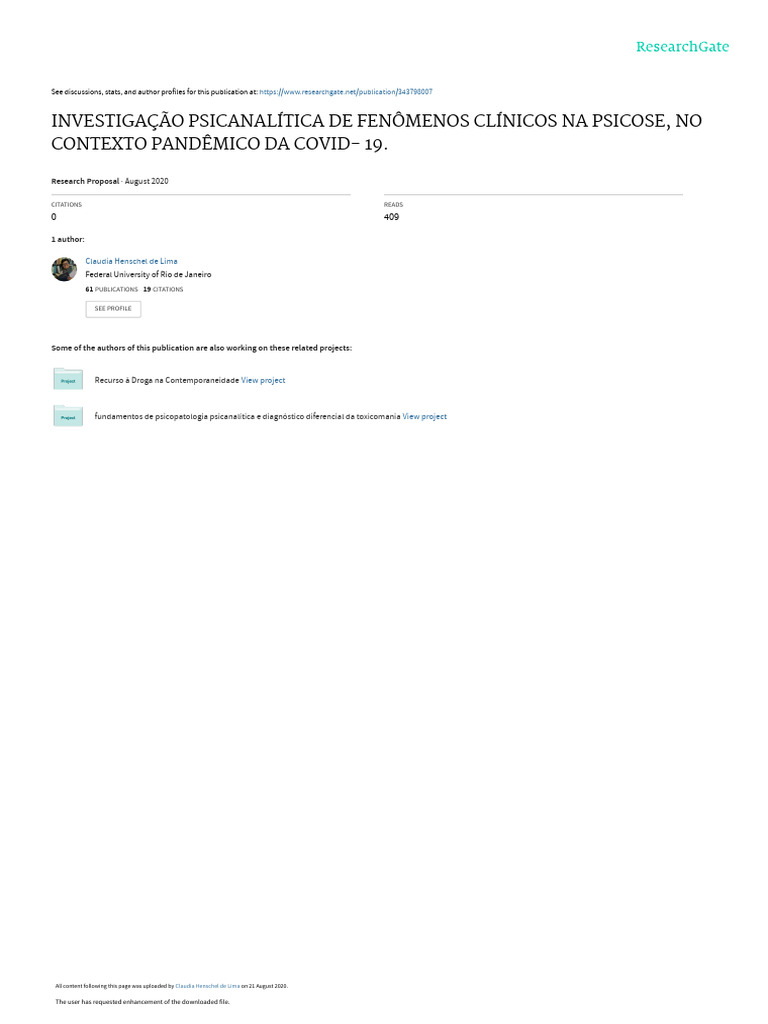 Investigação Psicanalítica de Fenômenos Clínicos Na Psicose No Contexto ...