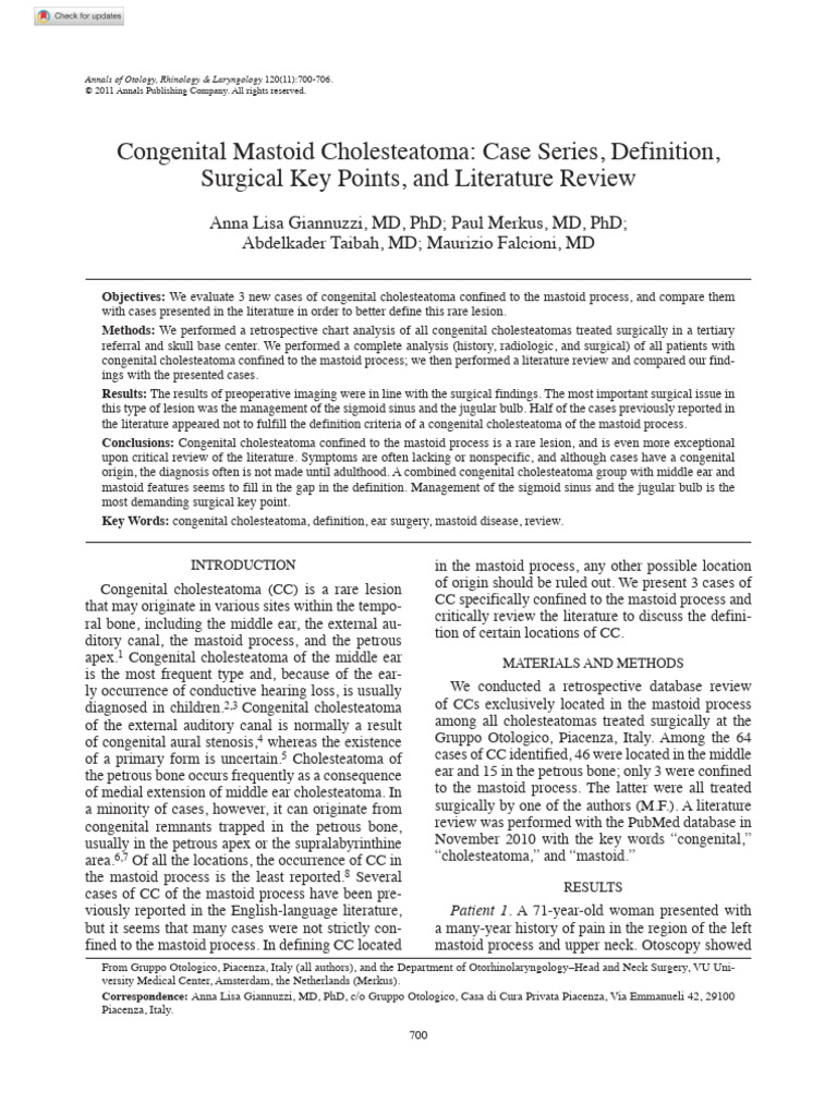 Giannuzzi Et Al 2011 Congenital Mastoid Cholesteatoma Case Series ...