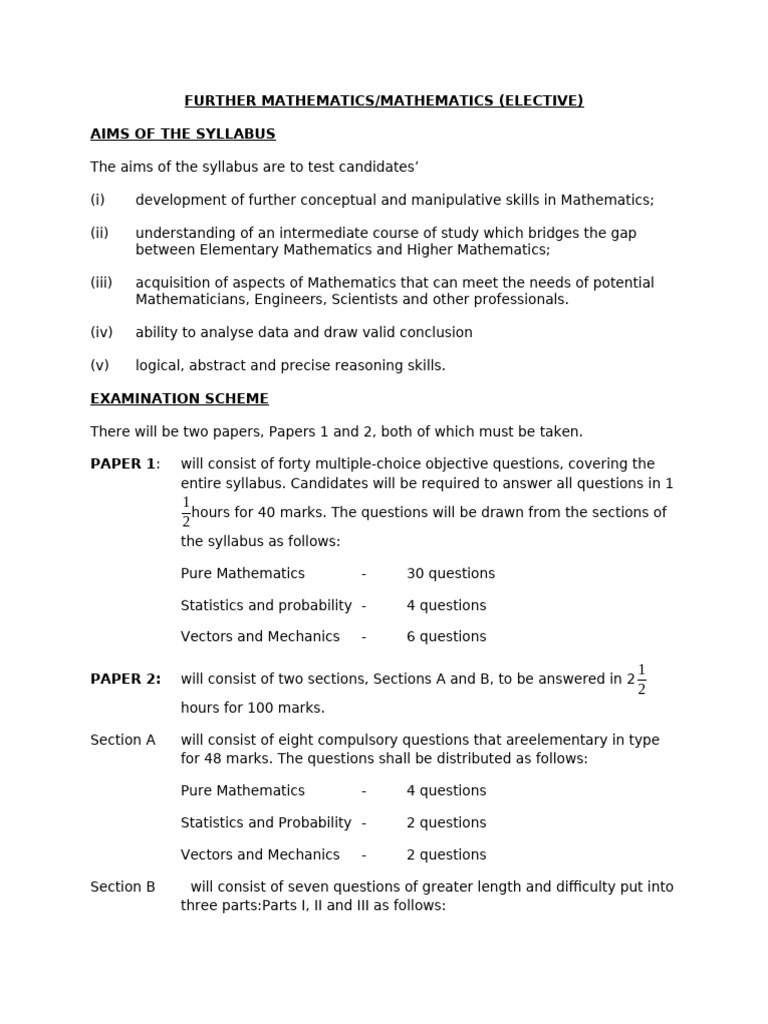 Further Mathematics or Mathematics (Elective) | PDF | Function (Mathematics) | Mathematical Logic