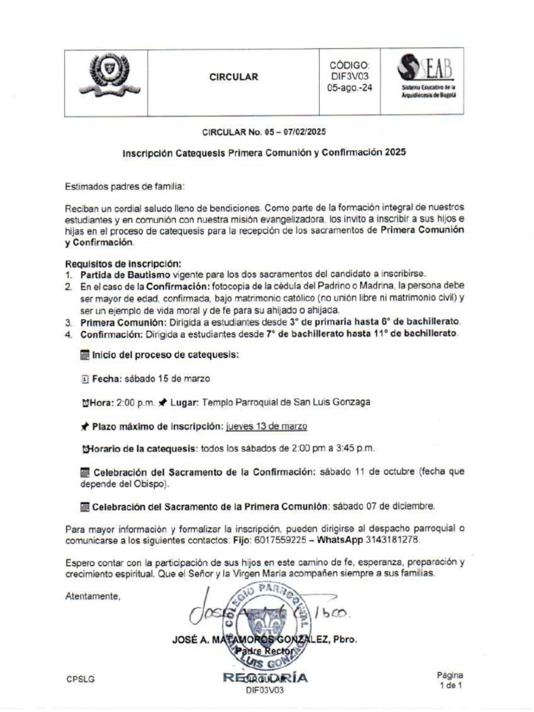 Circular No. 05 - Catequesis Primera Comunion y Confirmacion 2025 | PDF