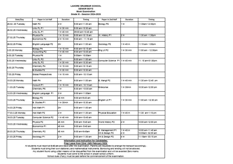 Final and Mock Exam Date Sheet XI 10-Feb 2025pdf | PDF
