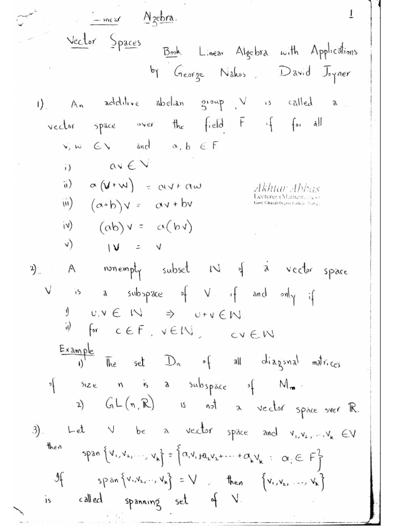 Linear Algebra Definitions and Results Akhtar Abbas | PDF