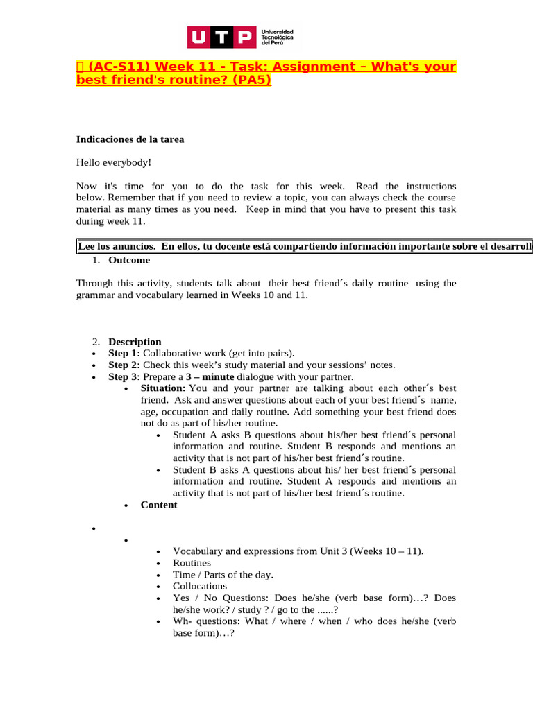 ? (AC-S11) Week 11 - Task Assignment - What's Your Best Friend's Routine (PA5) (INGLES 1) | PDF ...
