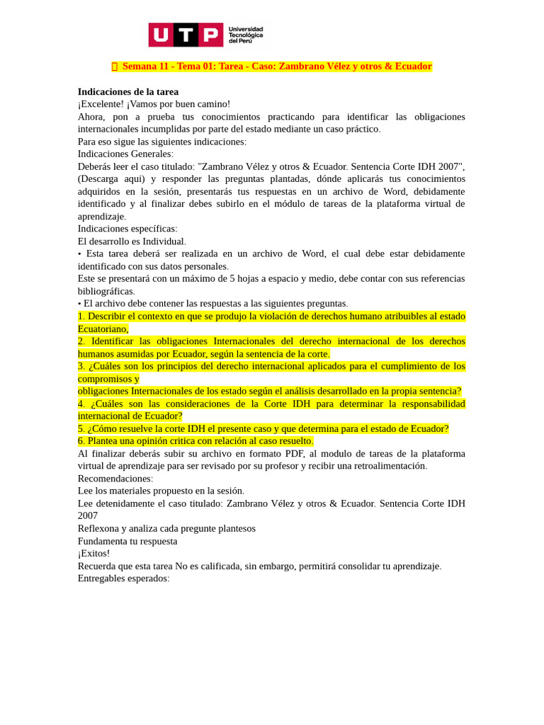 ? Semana 11 - Tema 01 Tarea - Caso Zambrano Vélez y Otros & Ecuador - DERECHO INTERNACIONAL ...