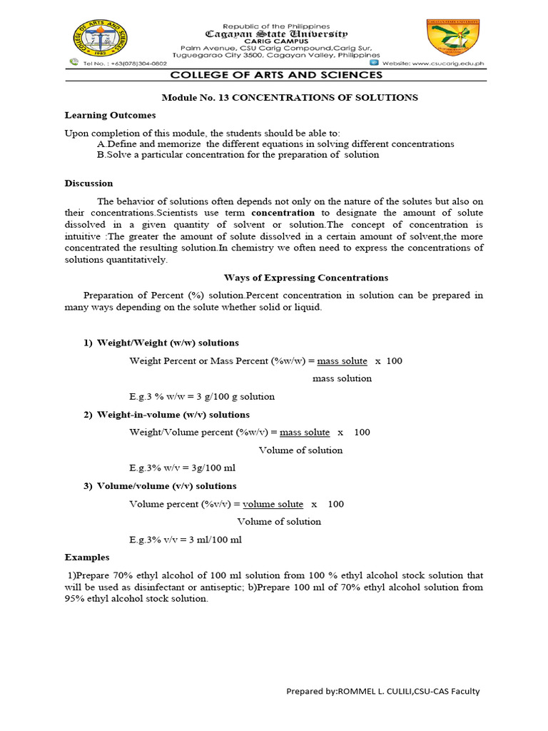 Concentration Calculations in Solutions | PDF | Parts Per Notation ...