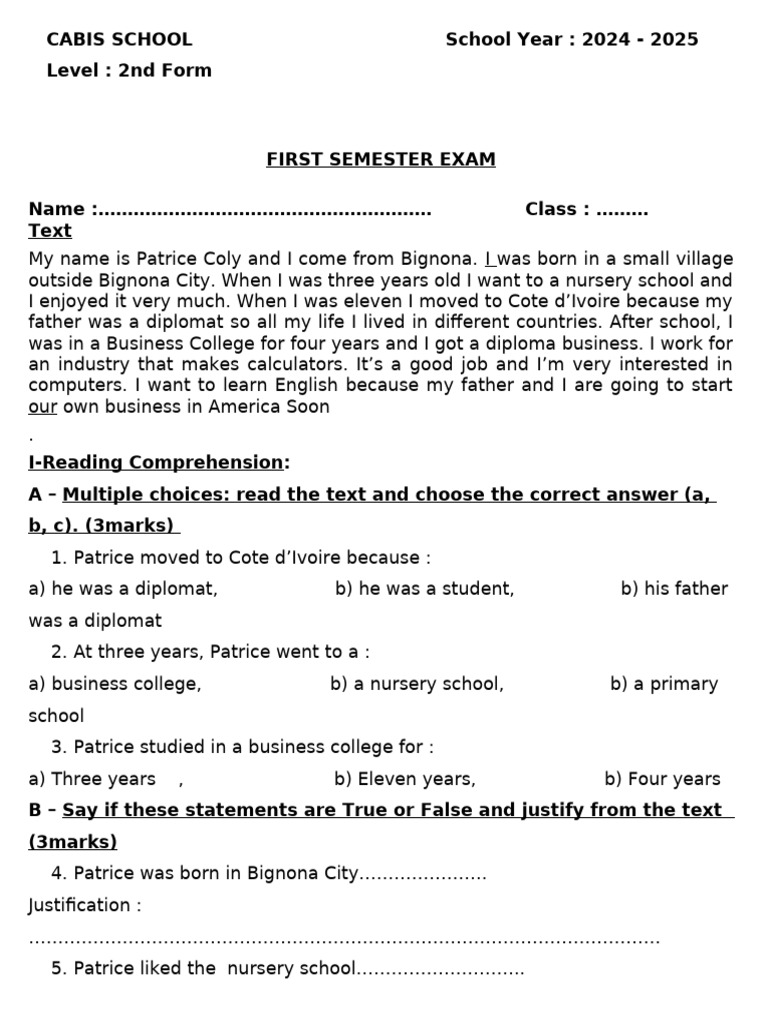 CABIS School 2nd Form Exam 2024-2025 | PDF | Language Mechanics | Syntax