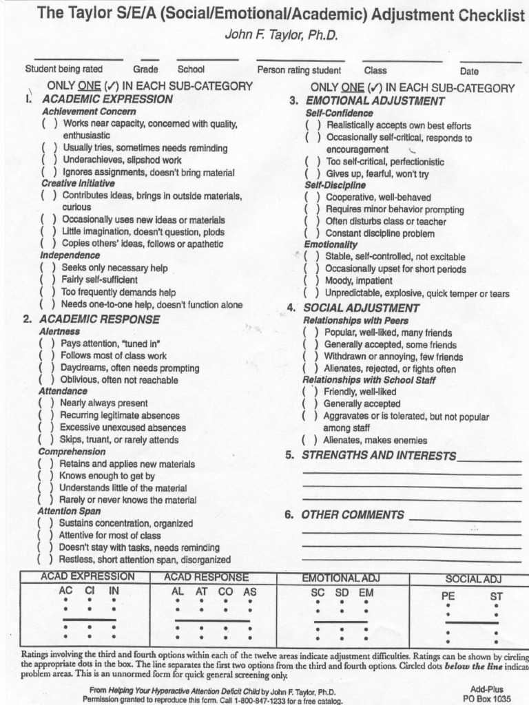 Socal Emotional Academic Adjustment Checklist | PDF