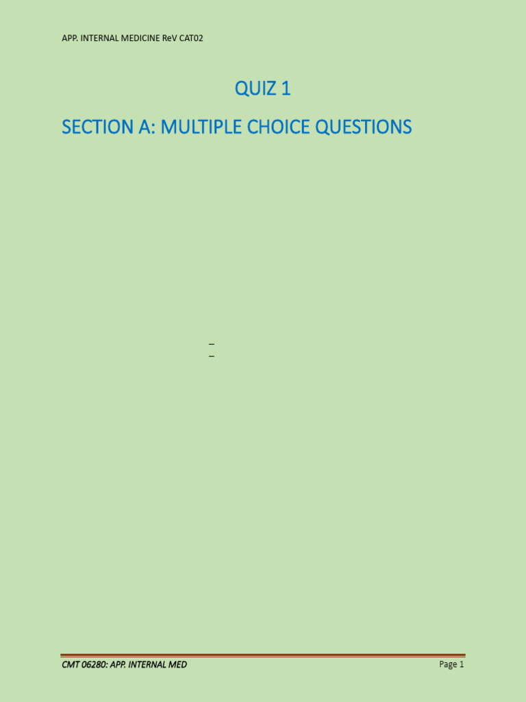 App. Internal Medicine Quiz 1 Cat 02 Coverage Qns | PDF | Mania | Bipolar Disorder