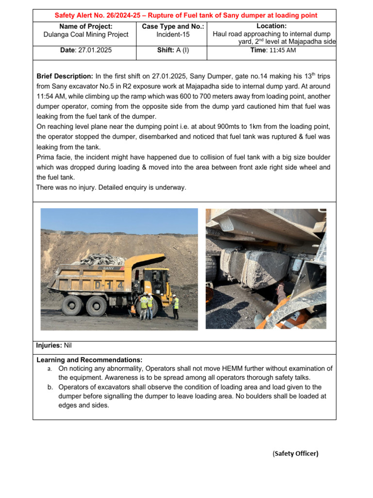 Safety Alert No. 27-2024-25 – Rupture of Fuel tank of Sany No.14 dumper ...