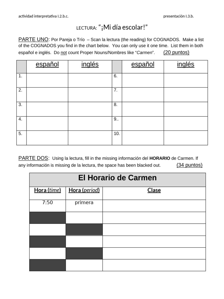 Actividades y Horario Escolar de Carmen | PDF