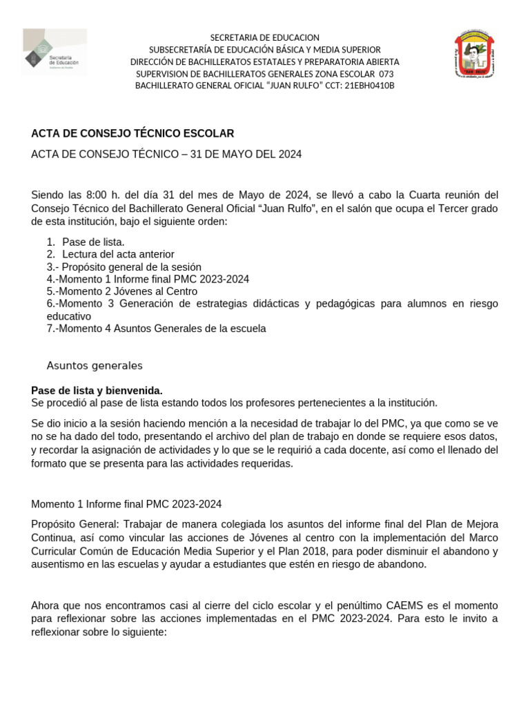 Acta de Consejo Técnico Escolar Mayo 2024 | PDF | Educación primaria | Aprendizaje