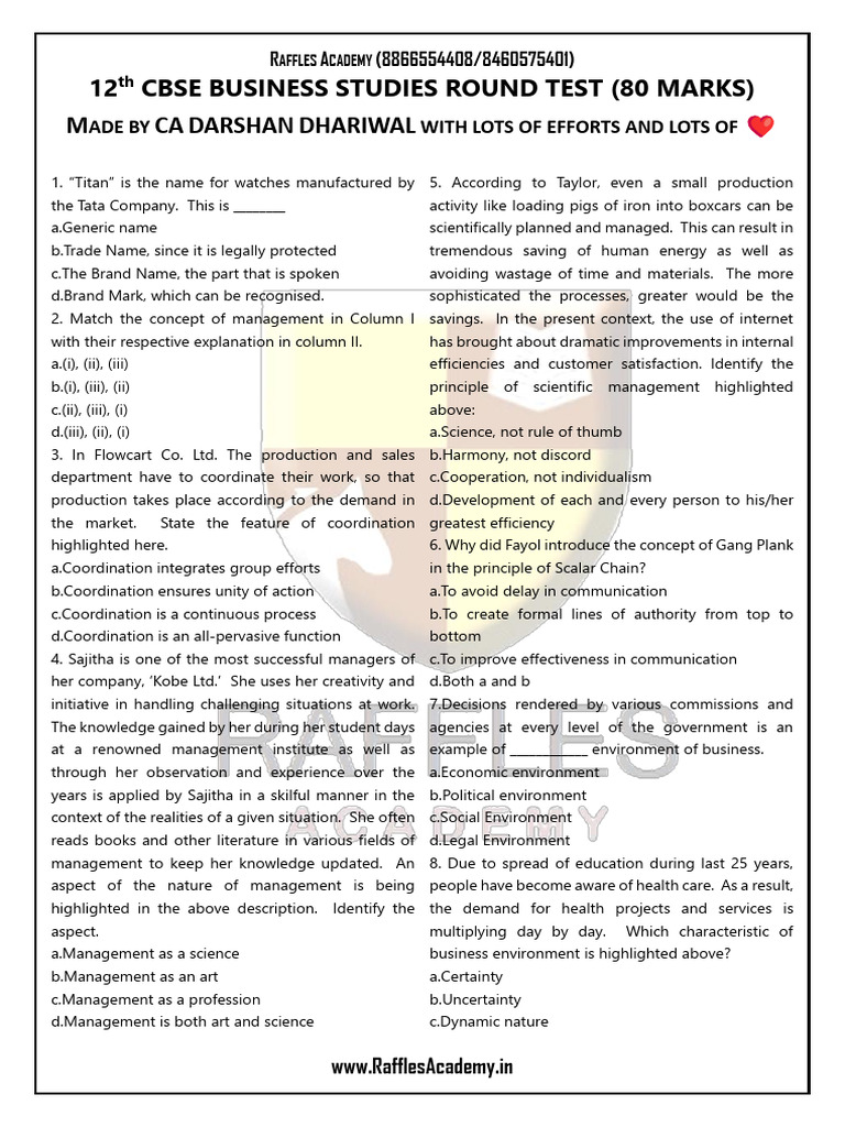 12th CBSE Business Studies Test Guide | PDF | Motivation | Motivational