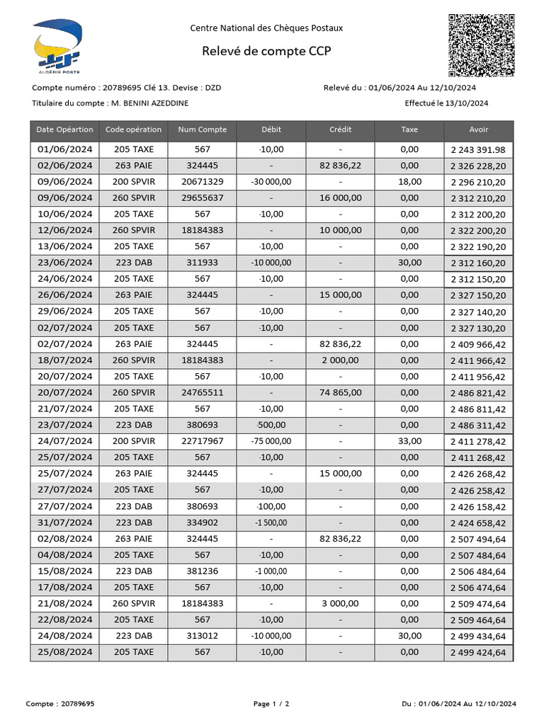 Relevé CCP 20789695 | PDF