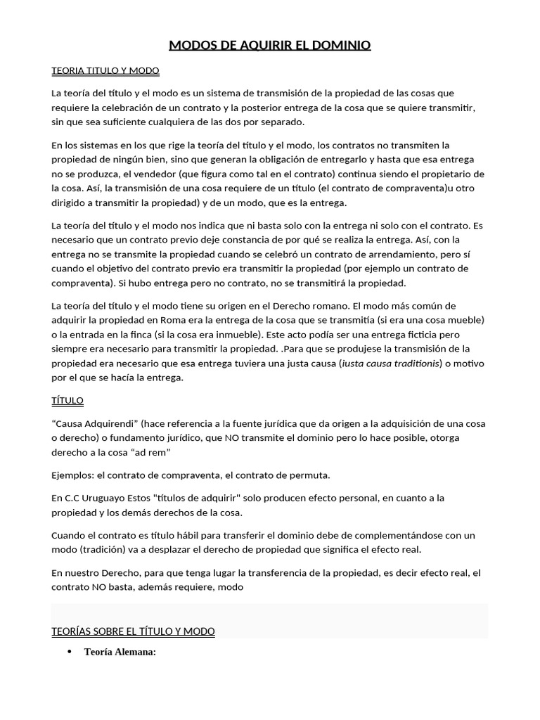 Teoria Titulo y Modo - Modos de Adquirir | PDF | Propiedad | Posesión (Ley)