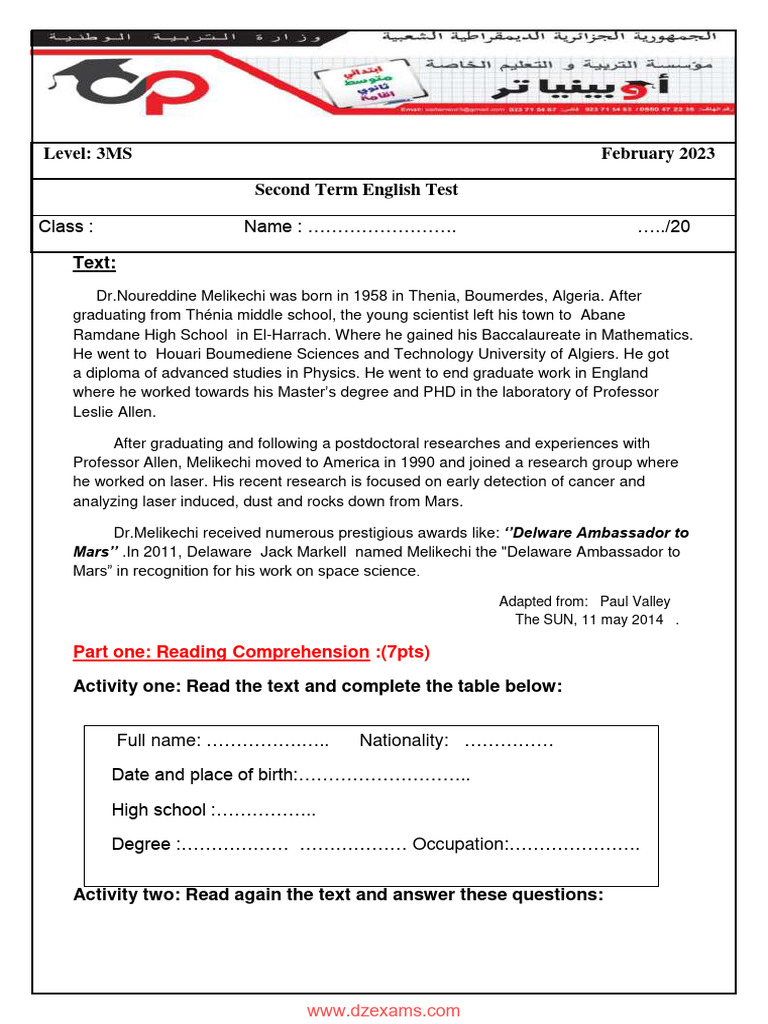 Dzexams 3am Anglais 211706 | PDF