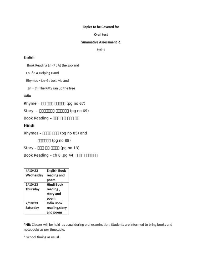 STD - 1 Oral Topics To Be Covered | PDF