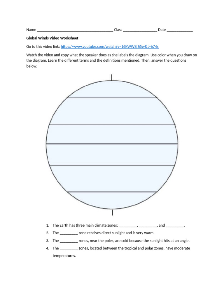Global Winds Video Worksheet Guide | PDF