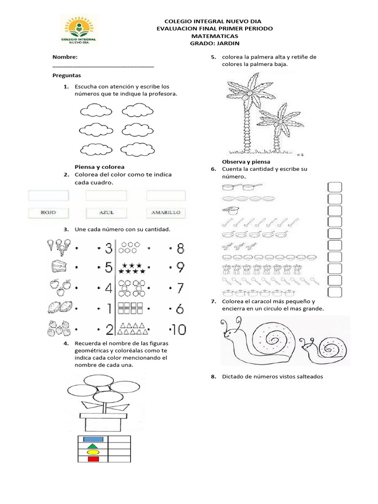 Evaluación de Matemáticas Jardín 1er Período | PDF