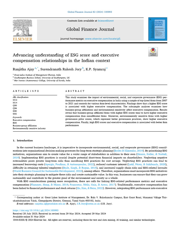 ESG Scores and Executive Pay in India | PDF | Business Economics ...