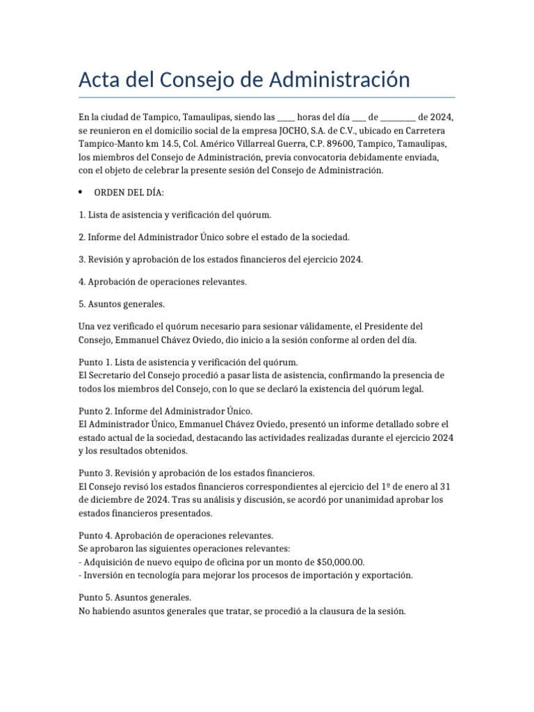 Acta Consejo Administración JOCHO México | PDF