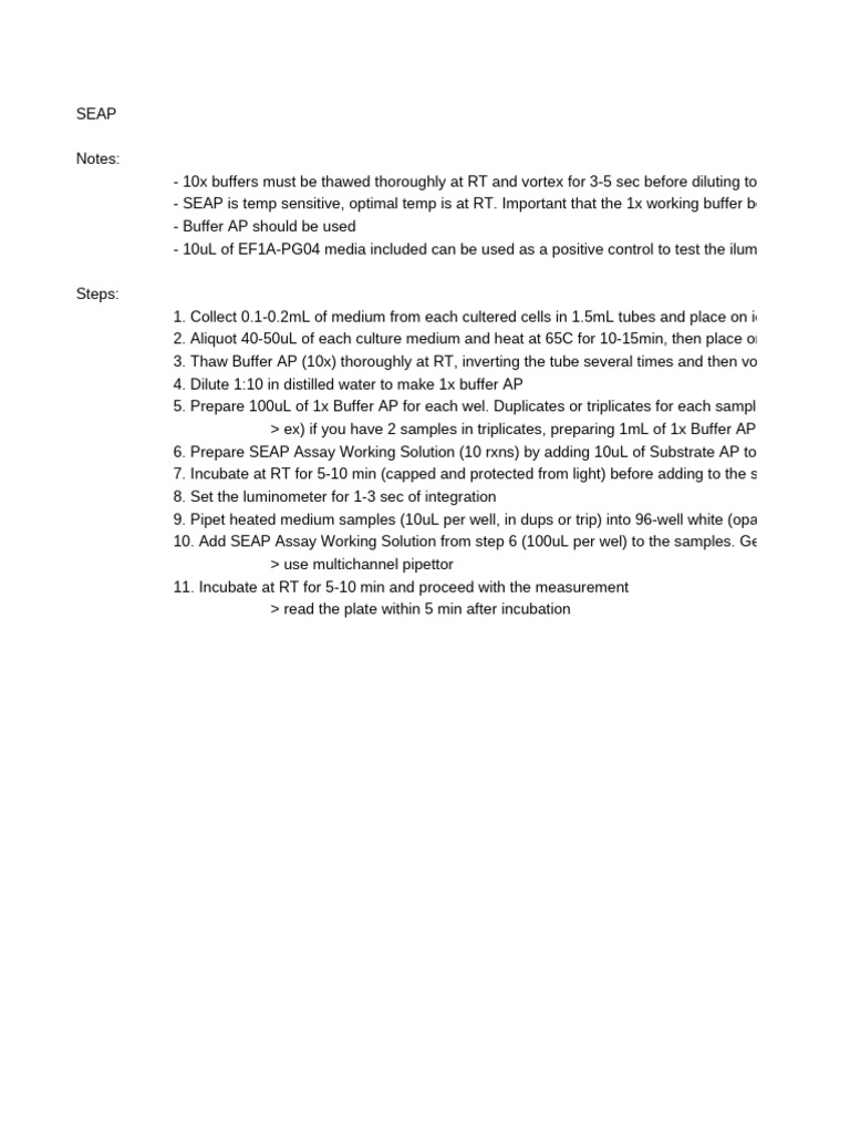 SEAP Assay Protocol and Buffer Preparation | PDF